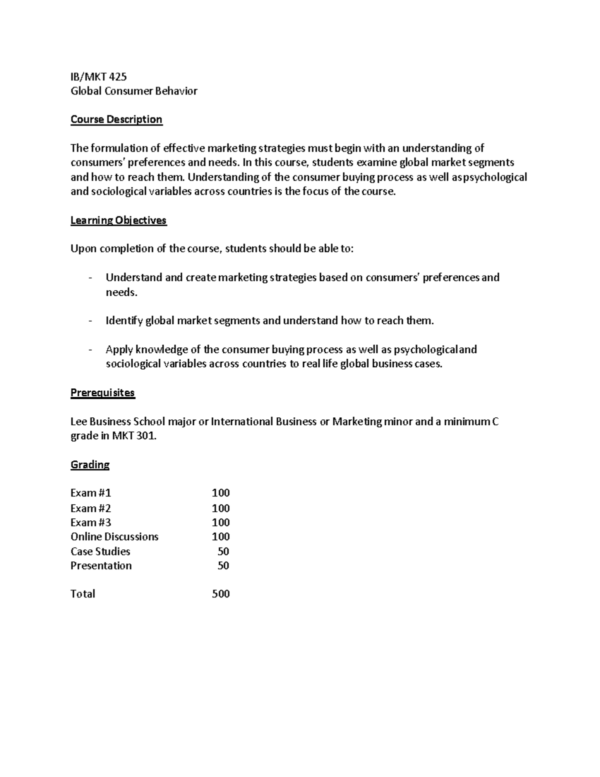 425 Global Consumer Behavior Course Overview and Learning Objectives ...