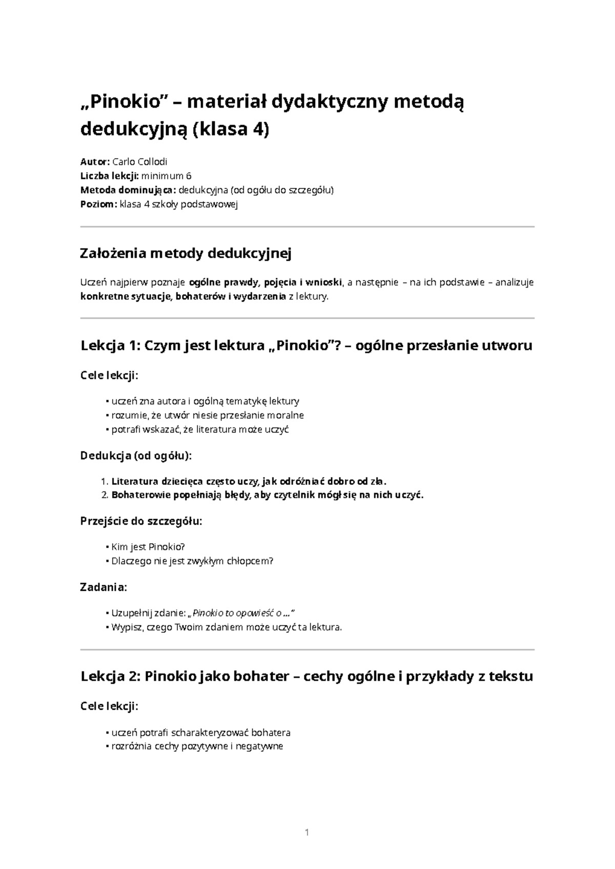 Pinokio – Materiał Dydaktyczny Metodą Dedukcyjną (Klasa 4) - Studocu