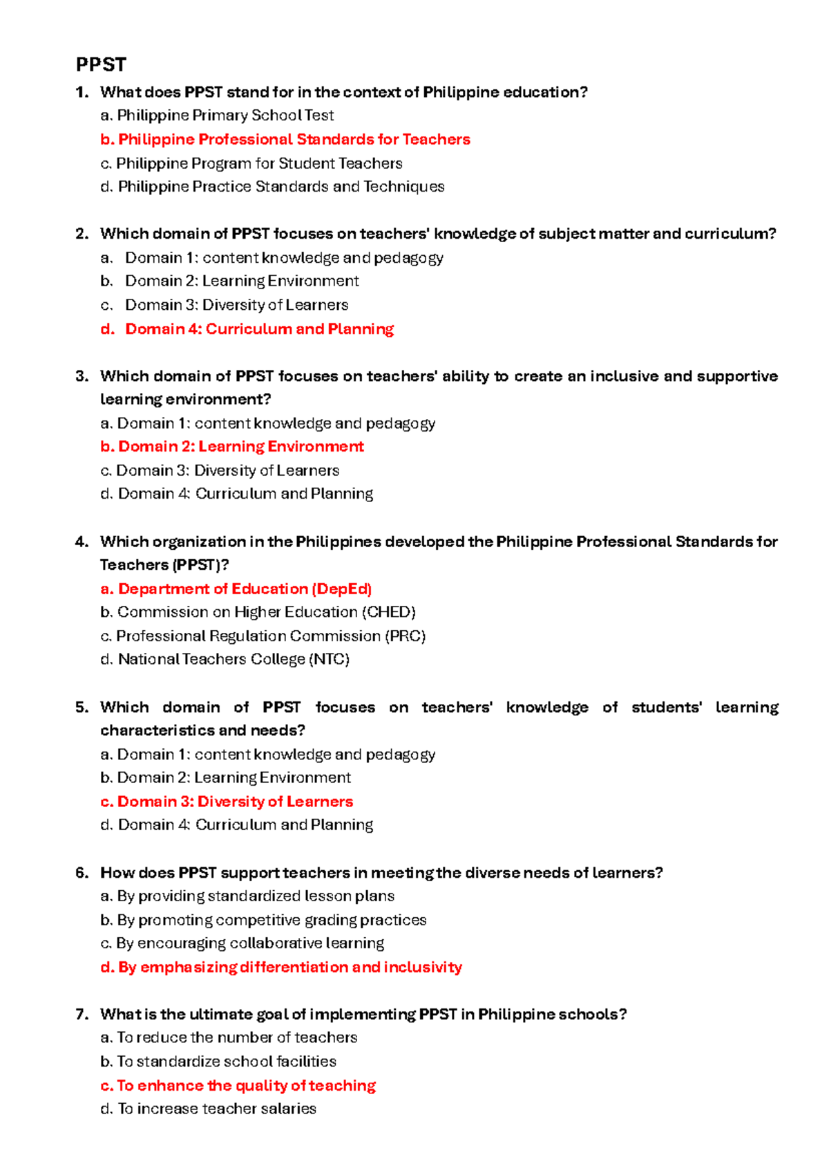 PPST Review Questions for Teaching Standards in Philippine Education ...