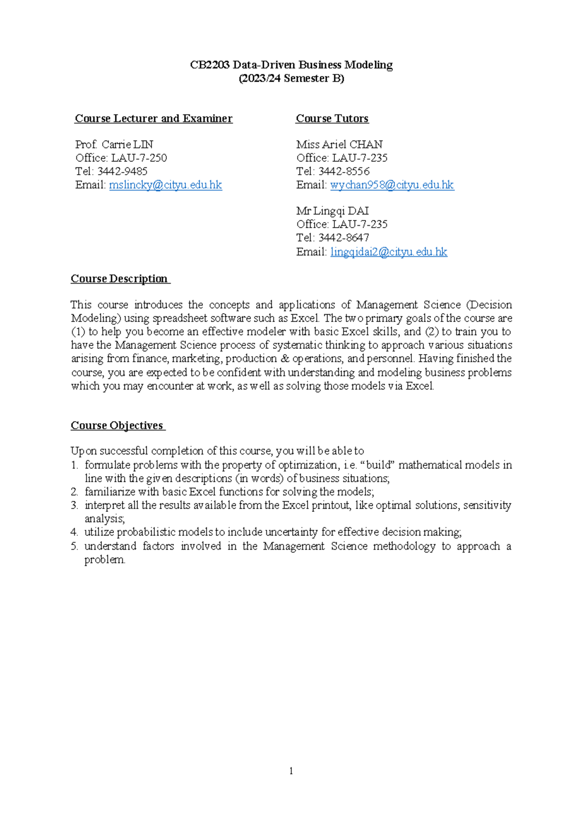 CB2203 Business Modeling Course Outline 2023-24B - Studocu