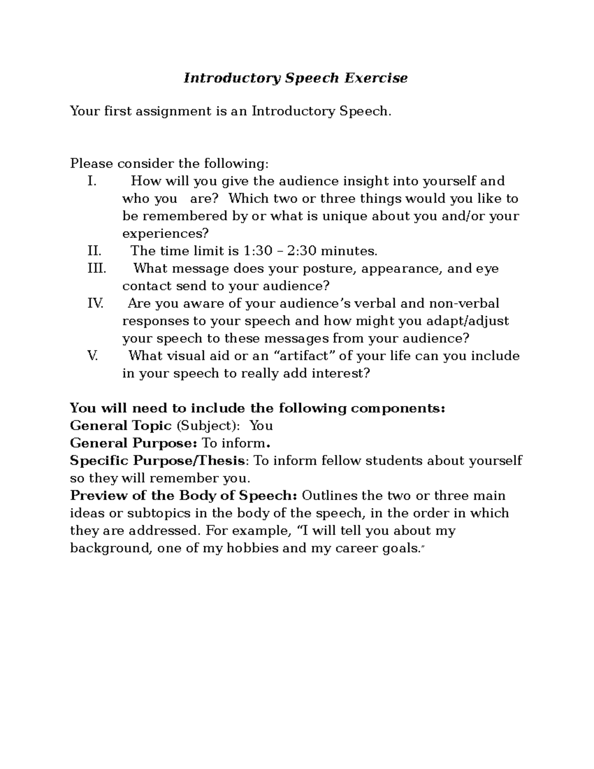 Introductory Speech Exercise - Please consider the following: I. How ...