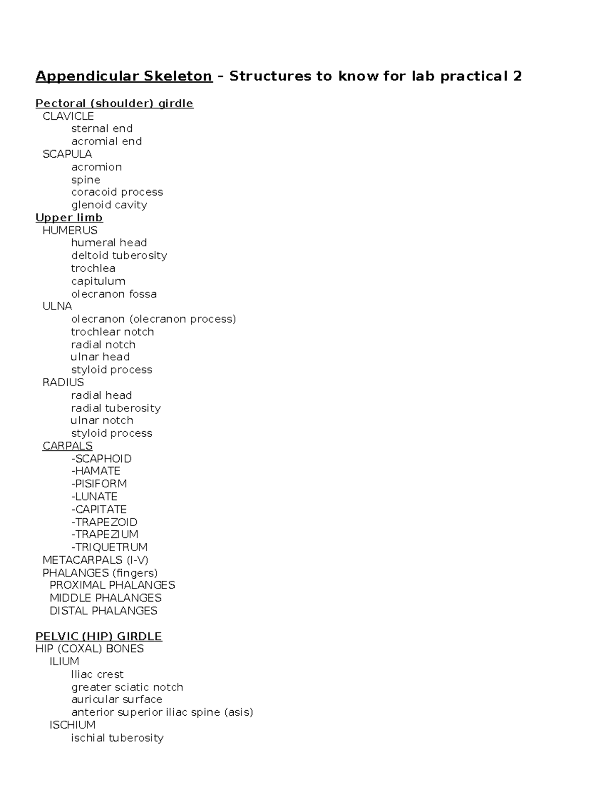 Appendicular Skeleton Structures for Lab Practical 2 - Studocu