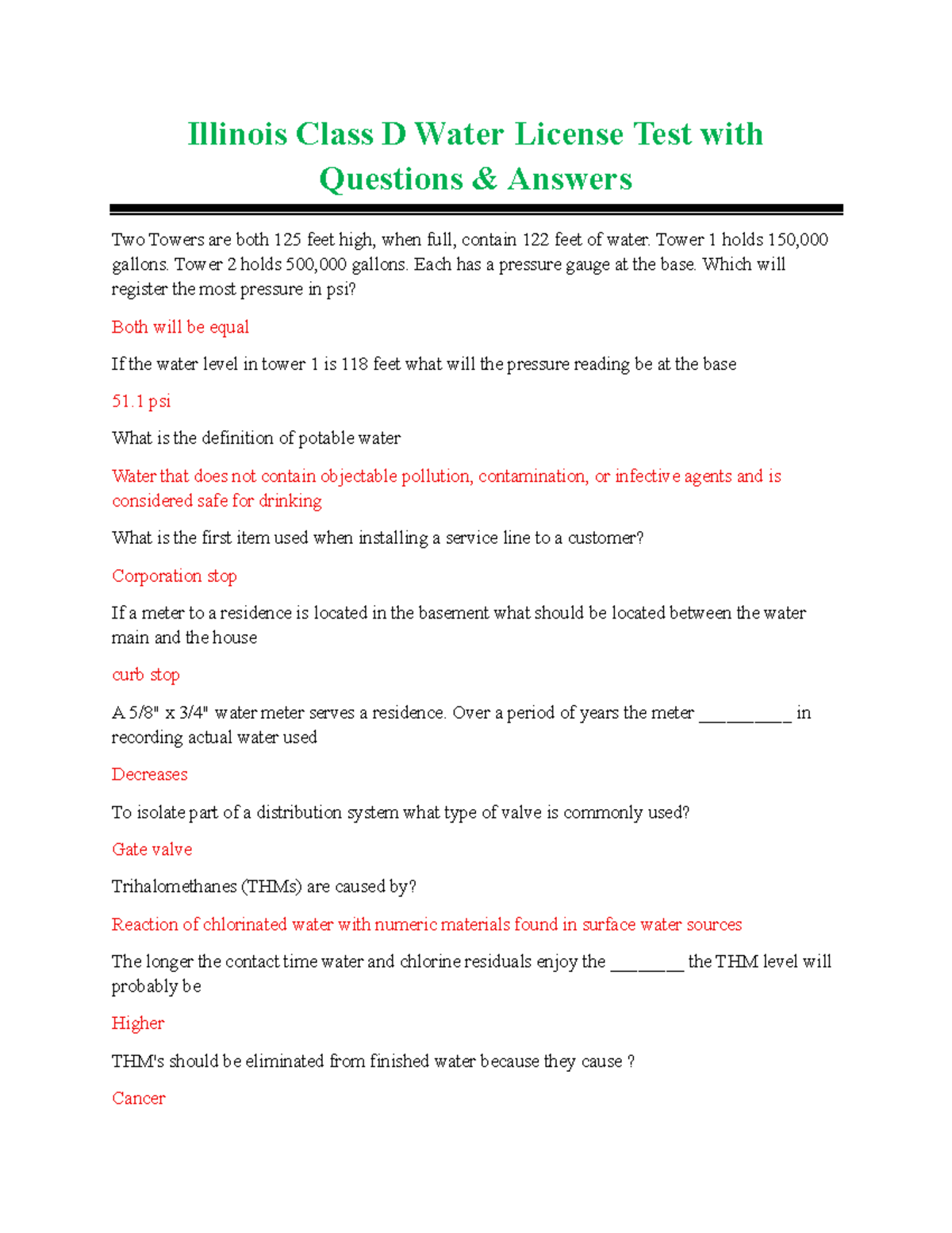 Illinois Class D Water License Test: Key Questions & Answers - Studocu