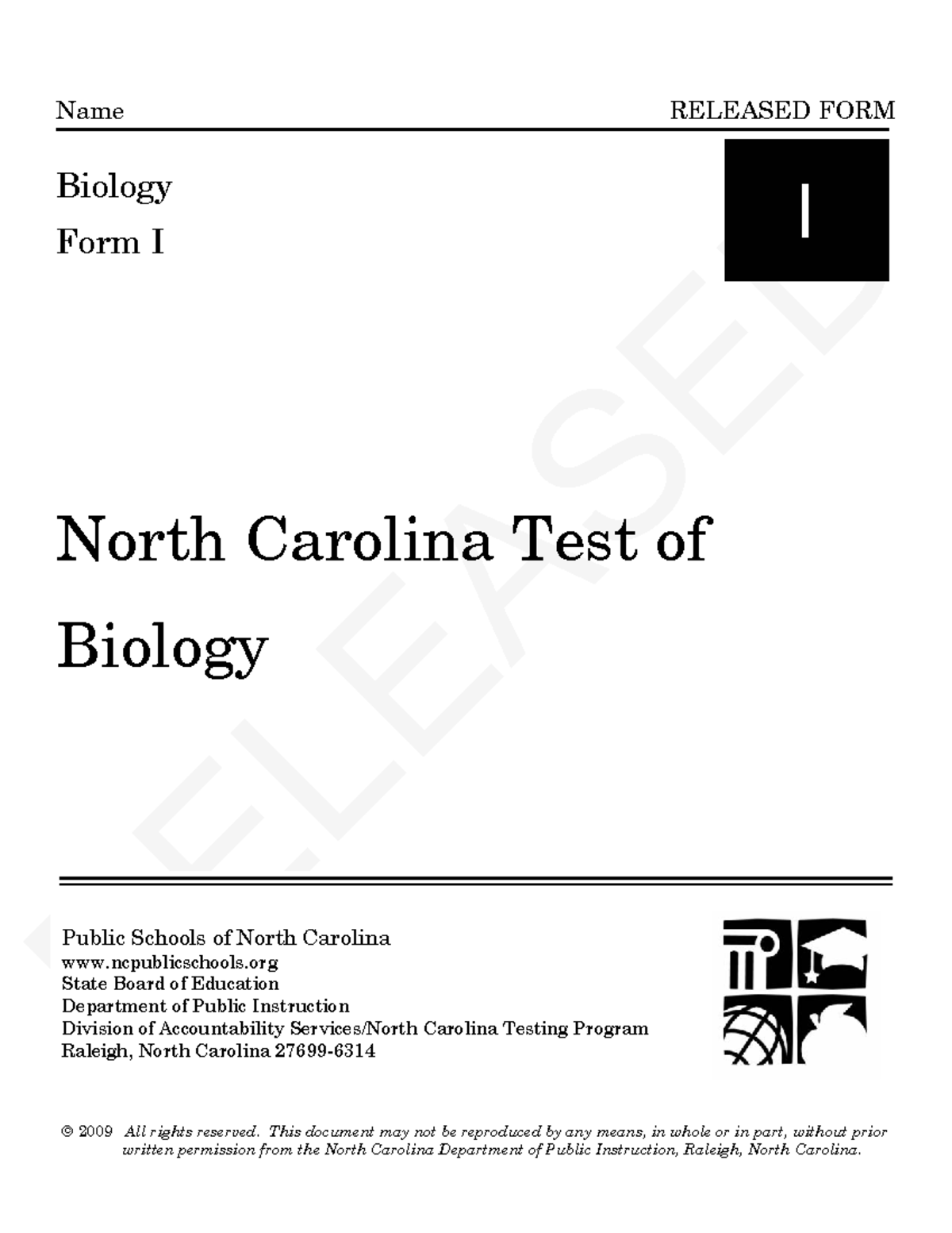 Biology EOC Practice Test 2 - North Carolina Form I Released 2009 - Studocu