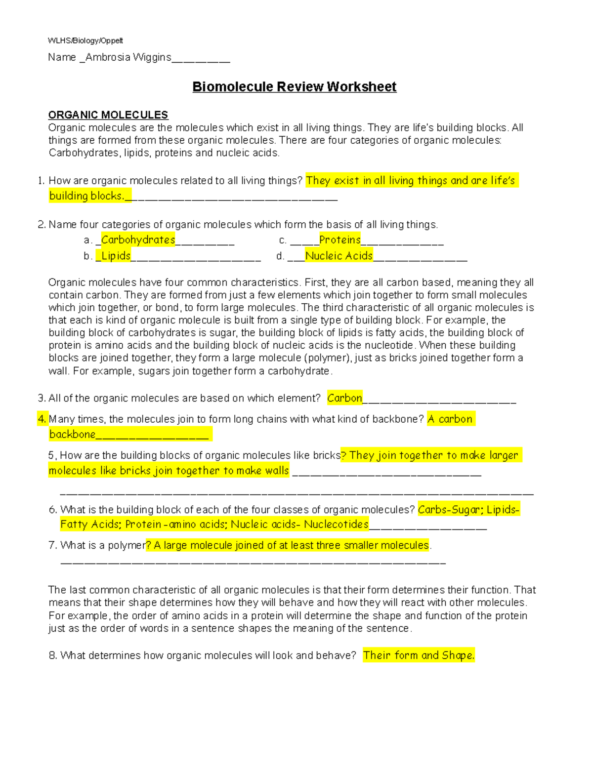 Biomolecule Review Worksheet - Name Ambrosia Wiggins ...
