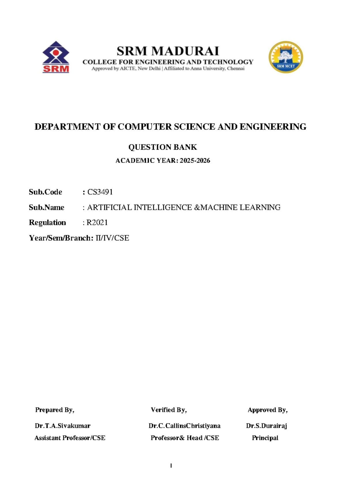 AIML QB - Question Bank for CS3491: Artificial Intelligence Concepts ...