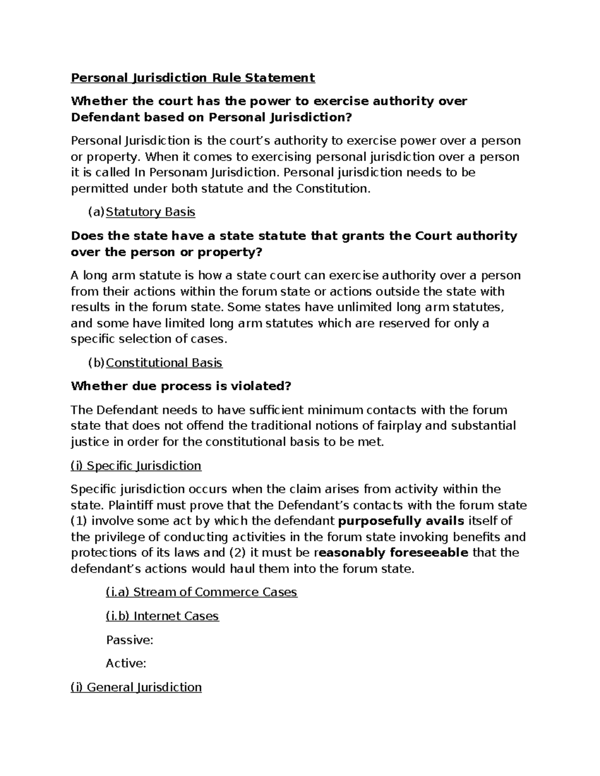 Civ Pro Rule Statements: Personal Jurisdiction, Subject Matter, and ...