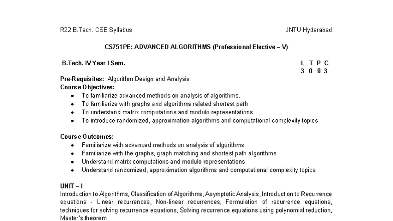 CS751PE: Advanced Algorithms Syllabus - JNTU Hyderabad B.Tech IV Year ...
