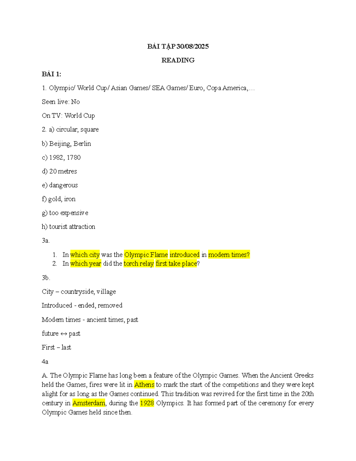 BÀI TẬP READING 30082025: Olympic Flame & Diamond Facts - Studocu