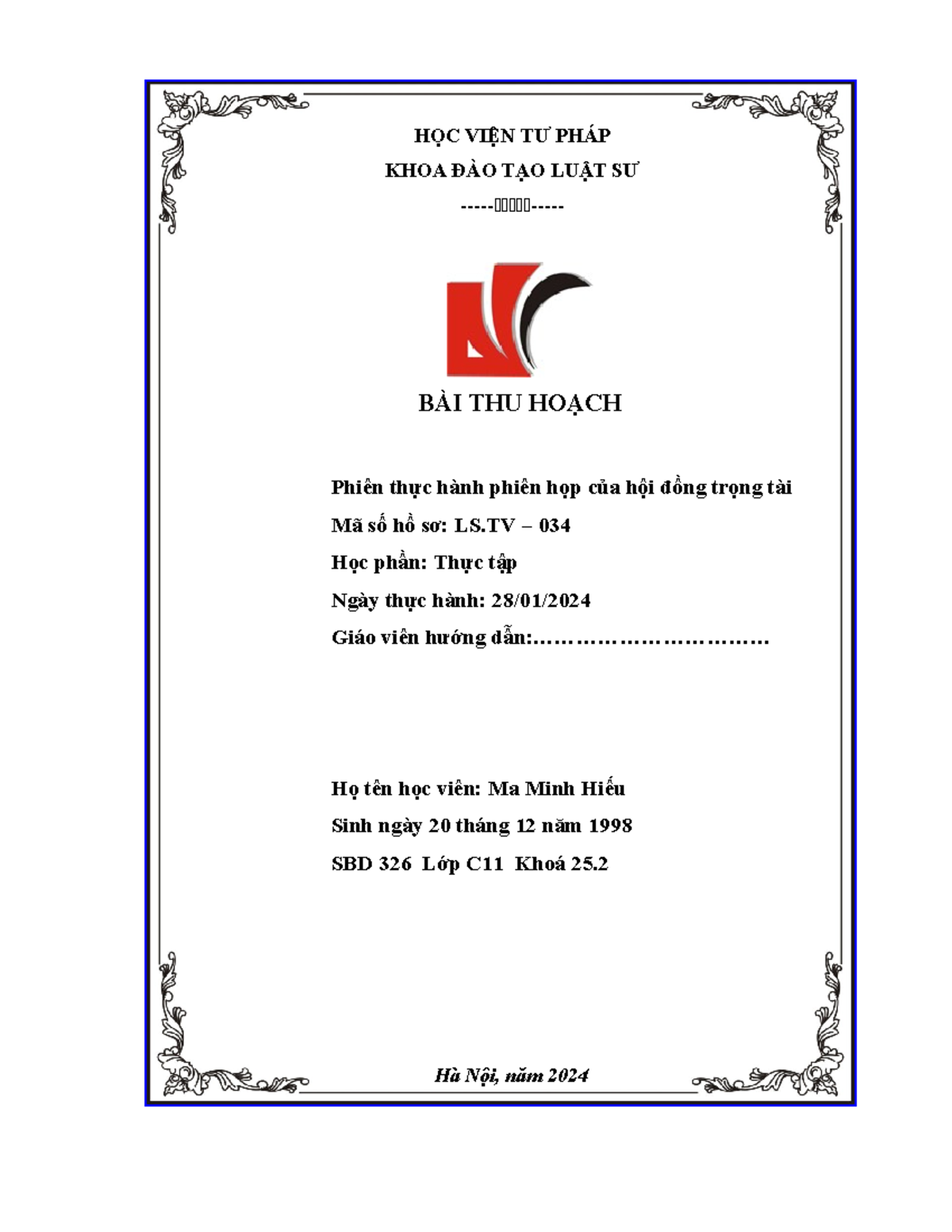 Bài Thu Hoạch Thực Tập Luật Sư - Trọng Tài Thương Mại (LS.TV 034) - Studocu