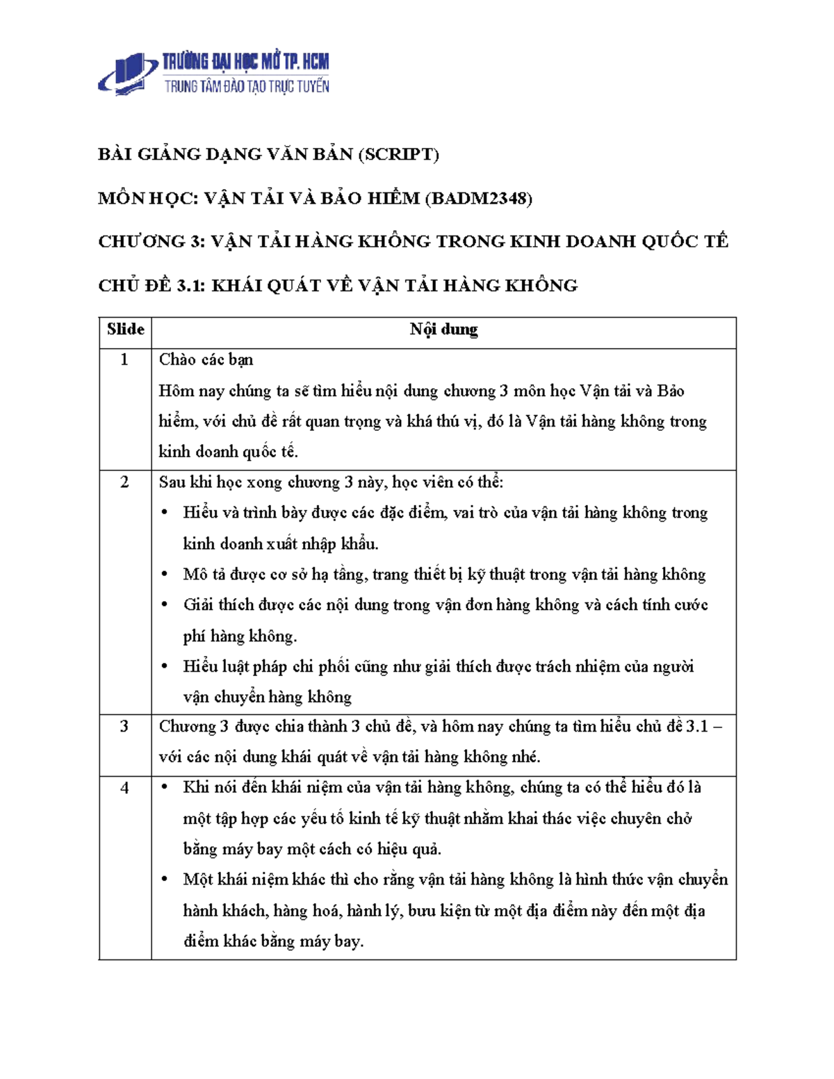 BÀI GIẢNG DẠNG VĂN BẢN MÔN HỌC: VẬN TẢI VÀ BẢO HIỂM (BADM2348) CHƯƠNG 3 ...