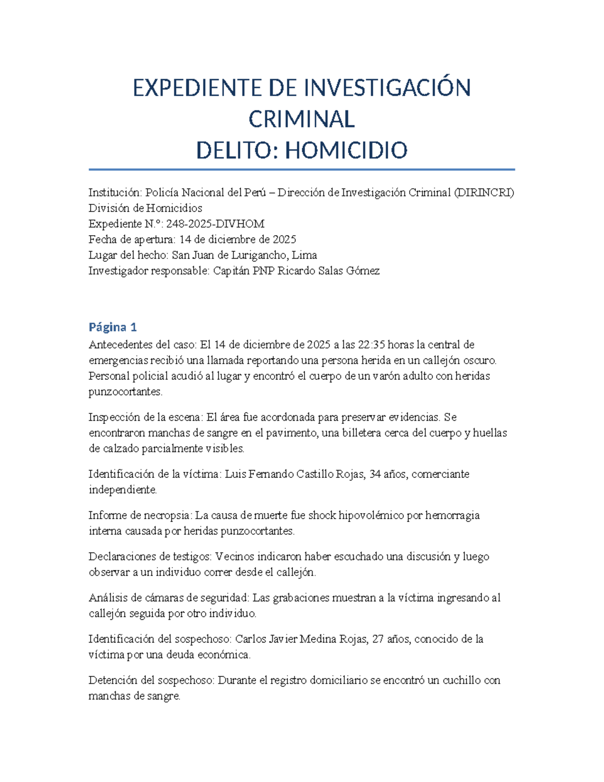 Expediente de Investigación Criminal: Homicidio DIRINCRI 2025 - Studocu