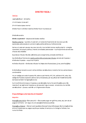 Direito Fiscal I - resumos (a minha compilação) - Direito Fiscal I O ...