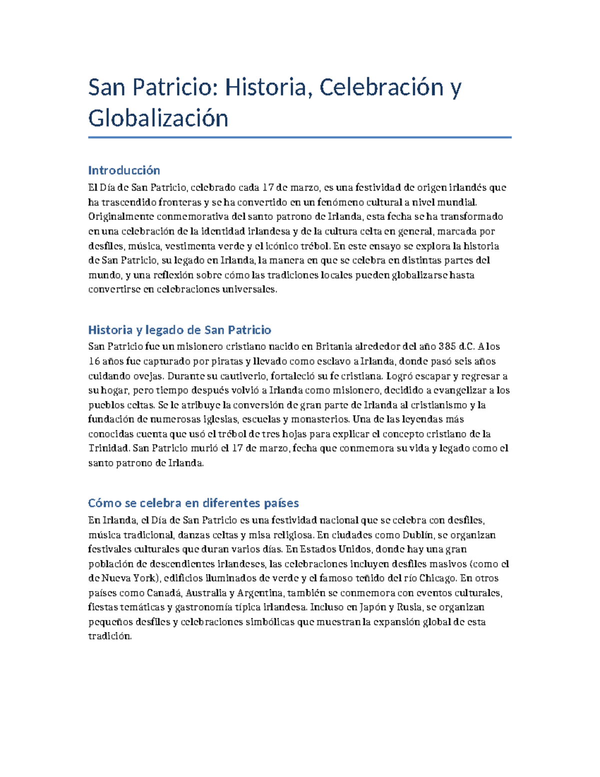 Ensayo sobre el Día de San Patricio: Historia y Celebraciones Globales ...