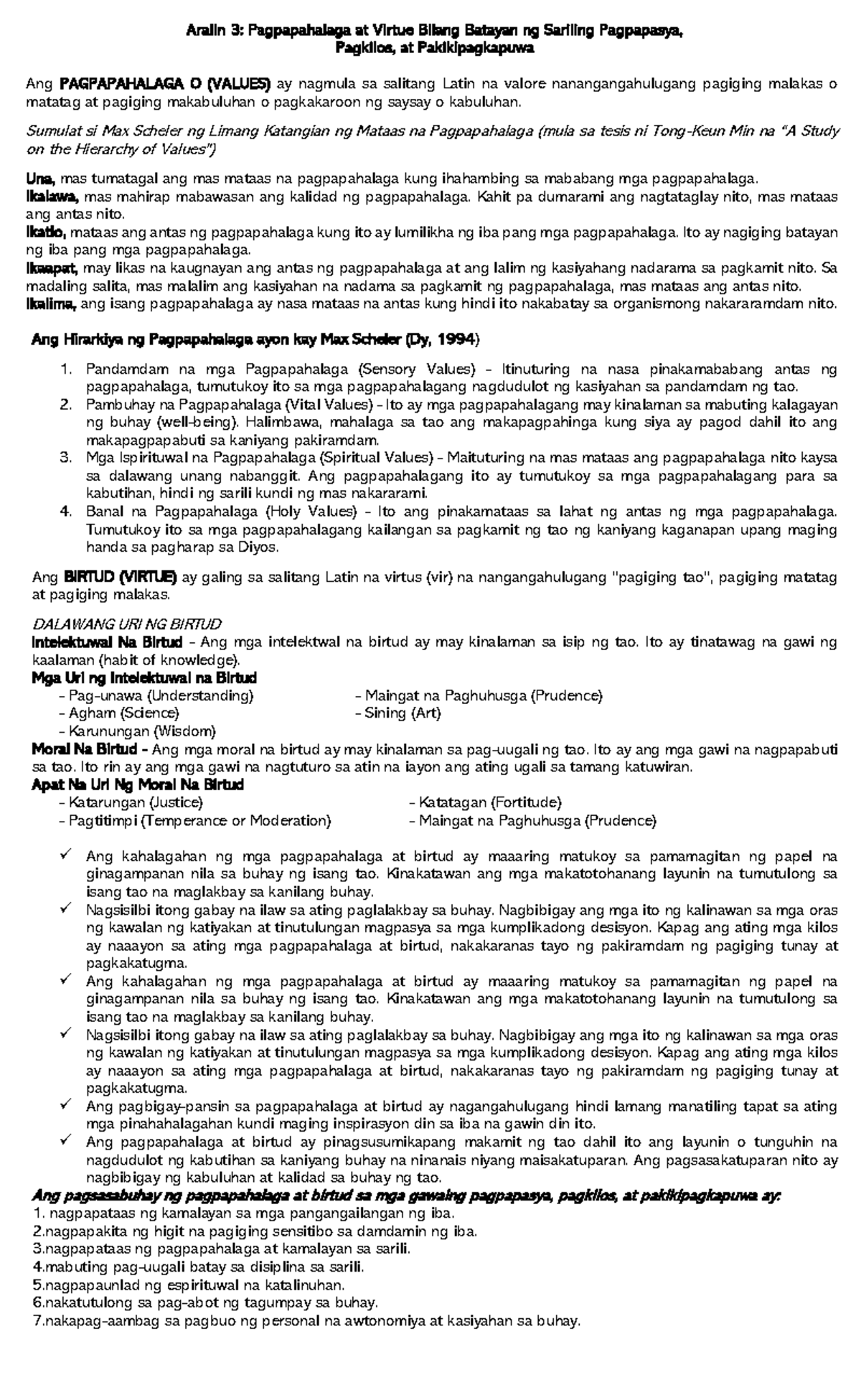 Lecture: Aralin 3 - Pagpapahalaga at Birtud sa Sariling Pagpapasya ...