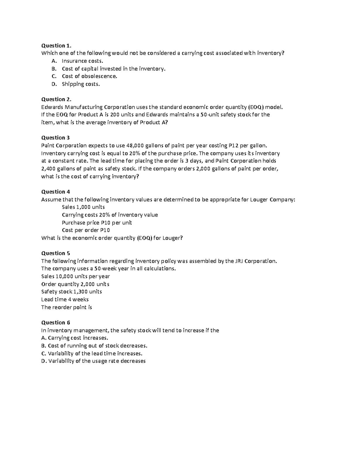 Working Capital Management Exercise 2 - Inventory & Financing Questions ...