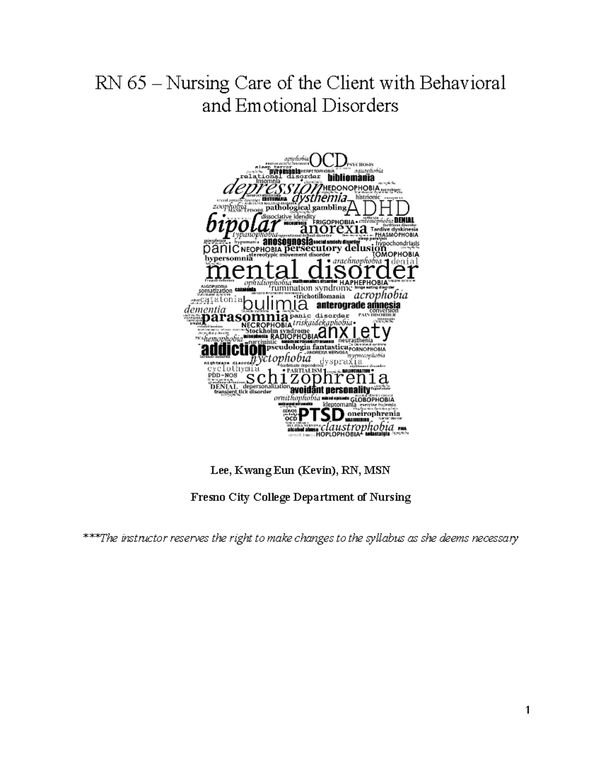 RN 65 Syllabus: Nursing Care for Clients with Behavioral & Emotional ...