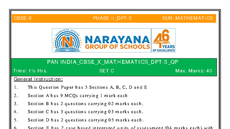 PAN-India CBSE X Maths DPT-3 SET-C Question Paper 22-10-2025 - Studocu