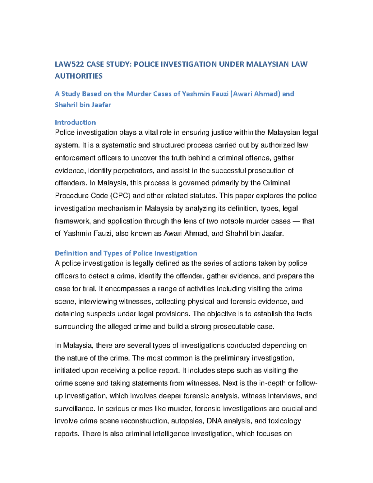 LAW522 CASE STUDY: POLICE INVESTIGATION IN MALAYSIA - Studocu