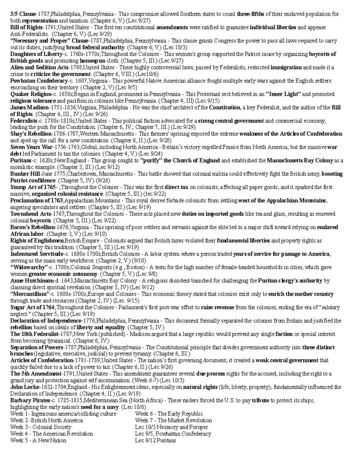 US History Lecture Notes: Colonial Era to Early Republic (Hist 101 ...