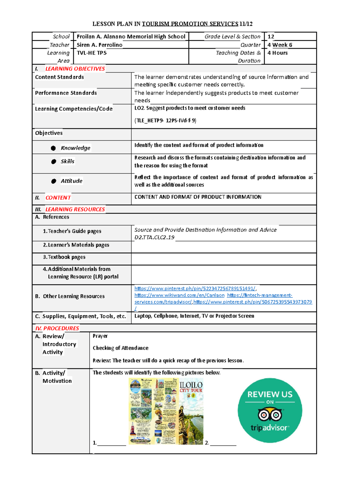 Q4 W6 Lesson Plan - Tourism Promotion Services 11 by Siren A. Ferrolino ...