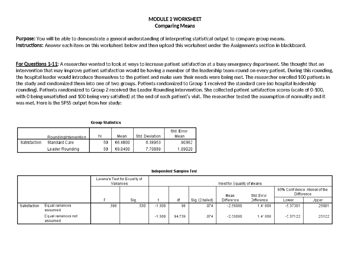 24SS Module 2 Worksheet: Comparing Means & Patient Satisfaction Analysis - Studocu