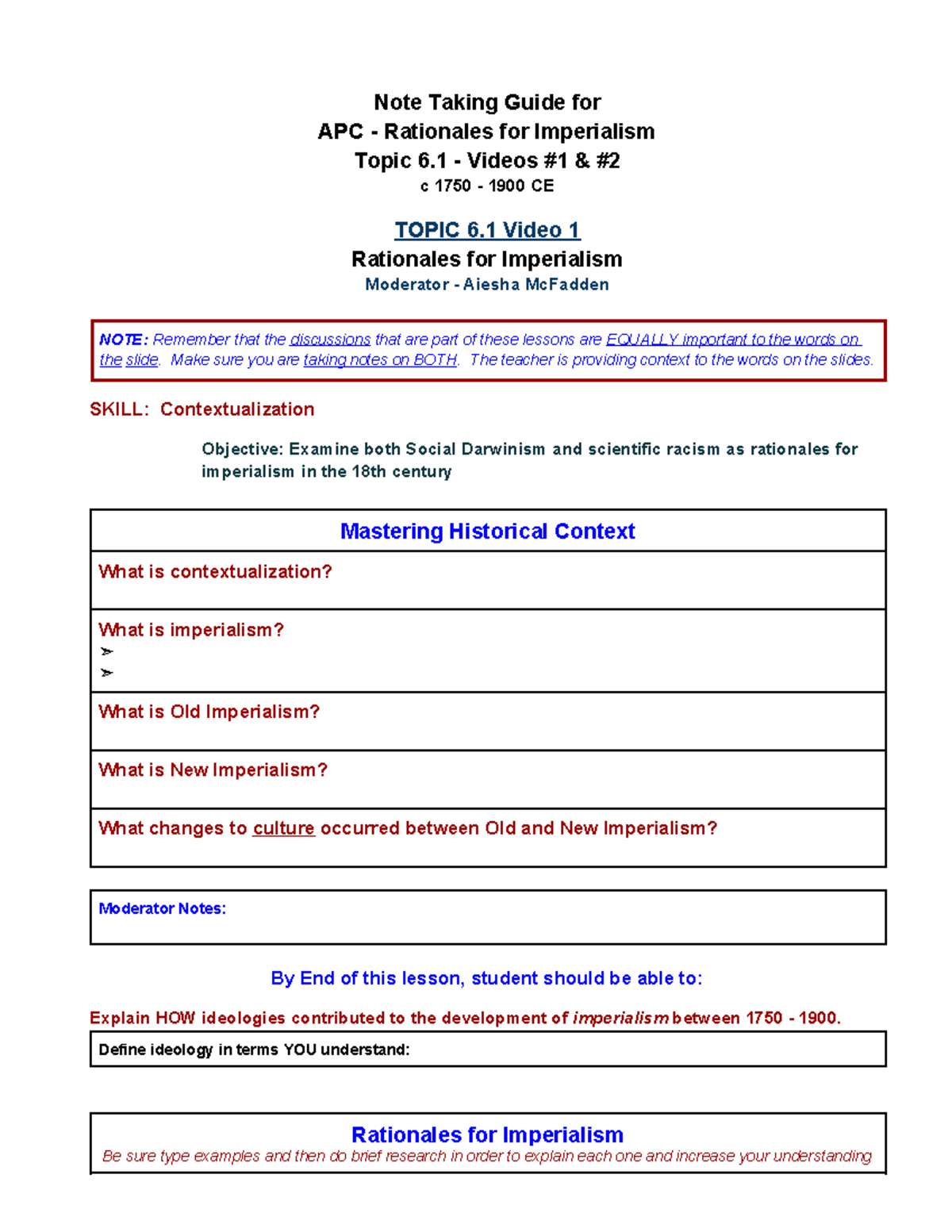 Topic 6.1 #1 & # 2 - Rationales for Imperialism - Note Taking Guide for ...