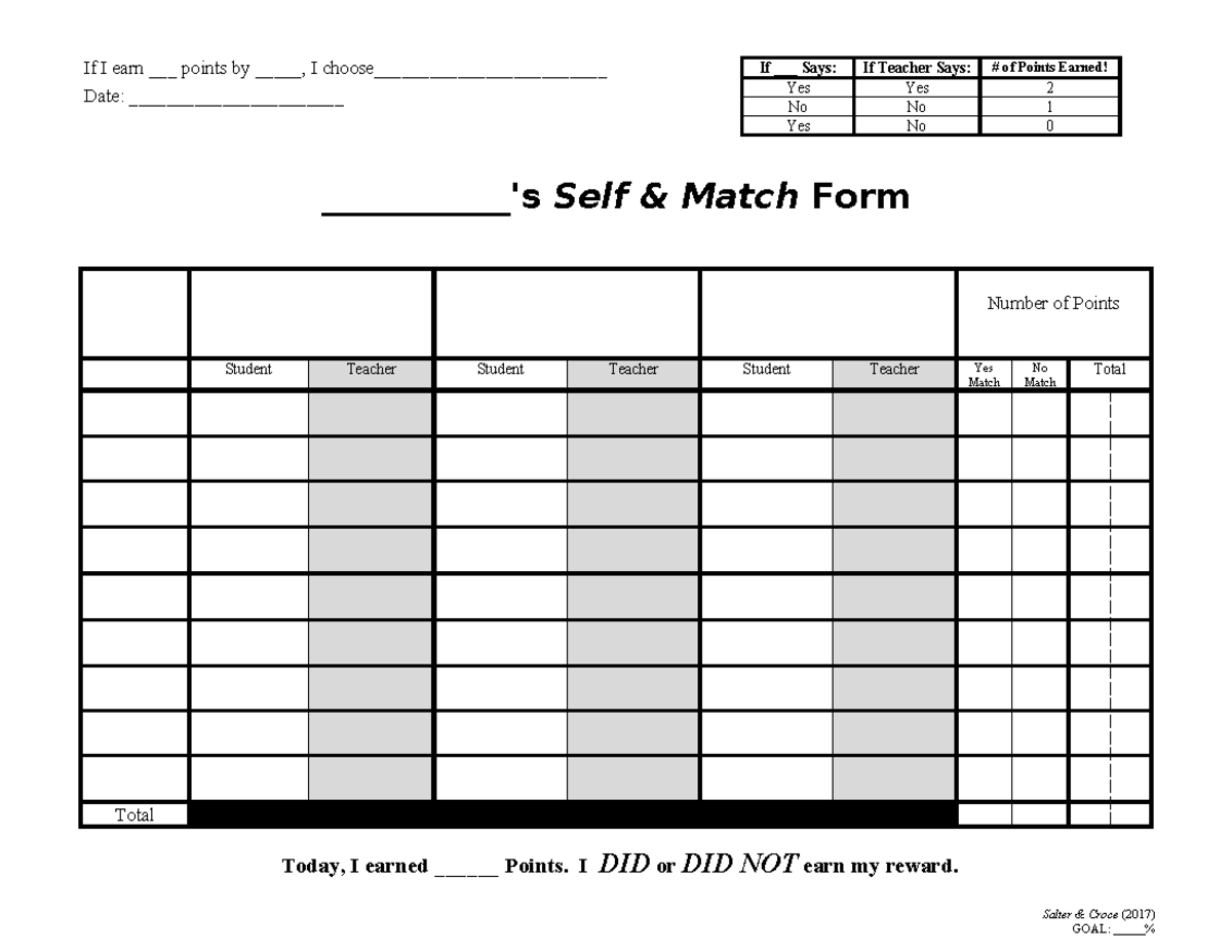 Editable Blank Self Match Form D - If I earn ___ points by , I choose