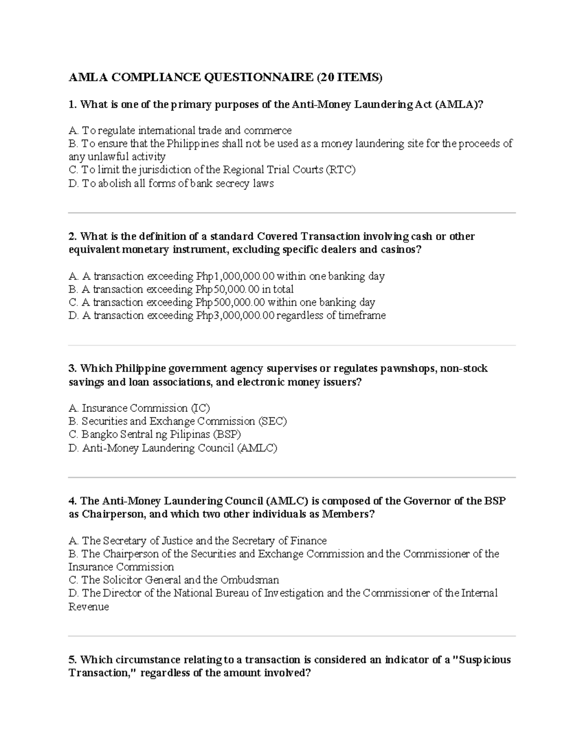 AMLA Compliance Questionnaire: 20 Key Items for Understanding - Studocu