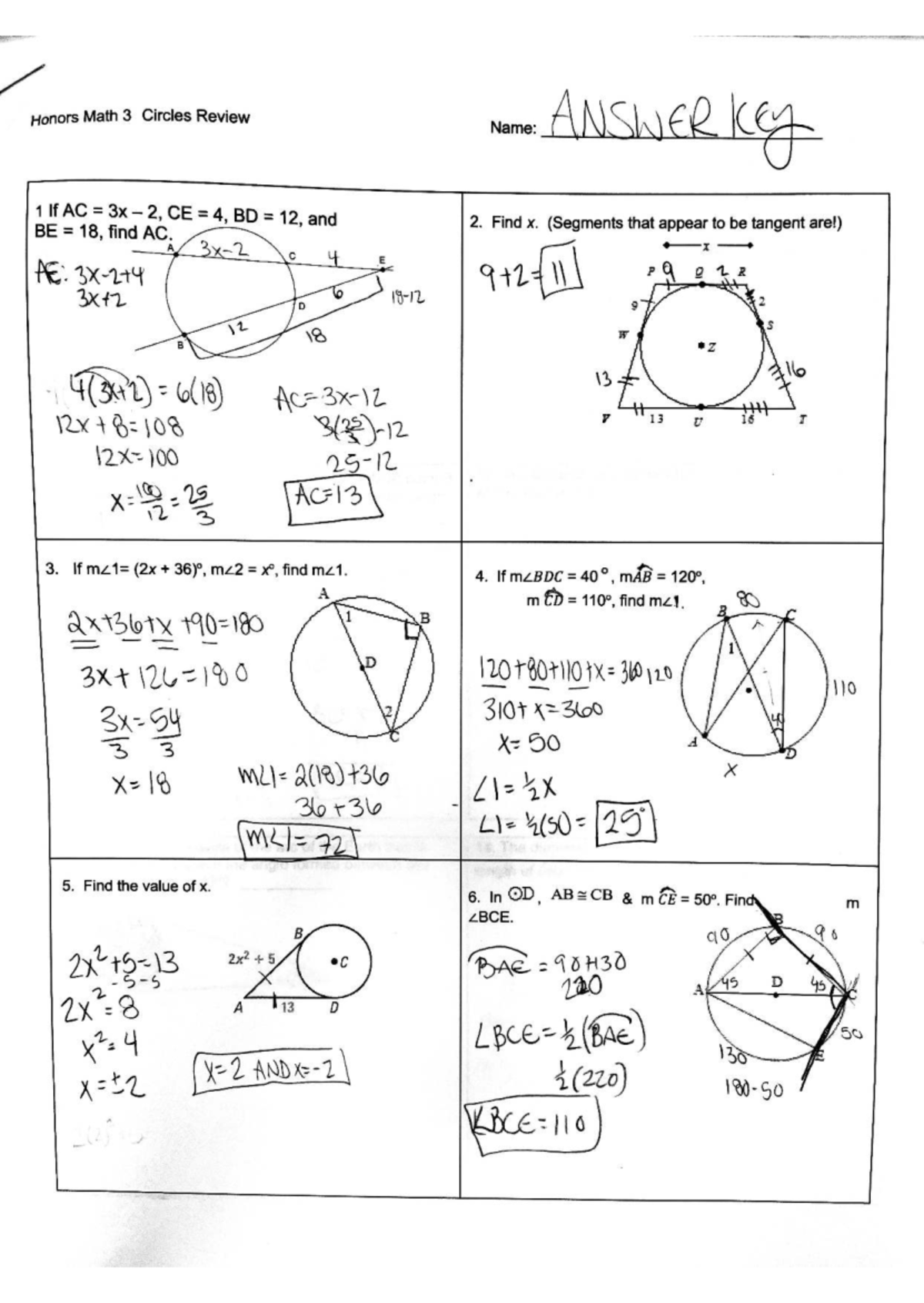 Honors Math 3 Circles Review Answer Key - Studocu