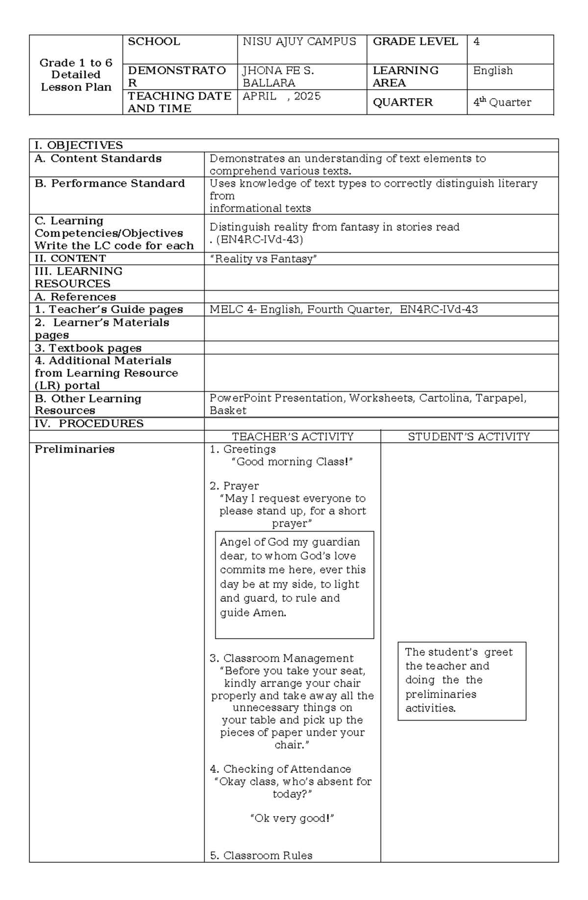 DLP - Language Arts: Detailed Lesson Plan for Grade 4 English - Studocu