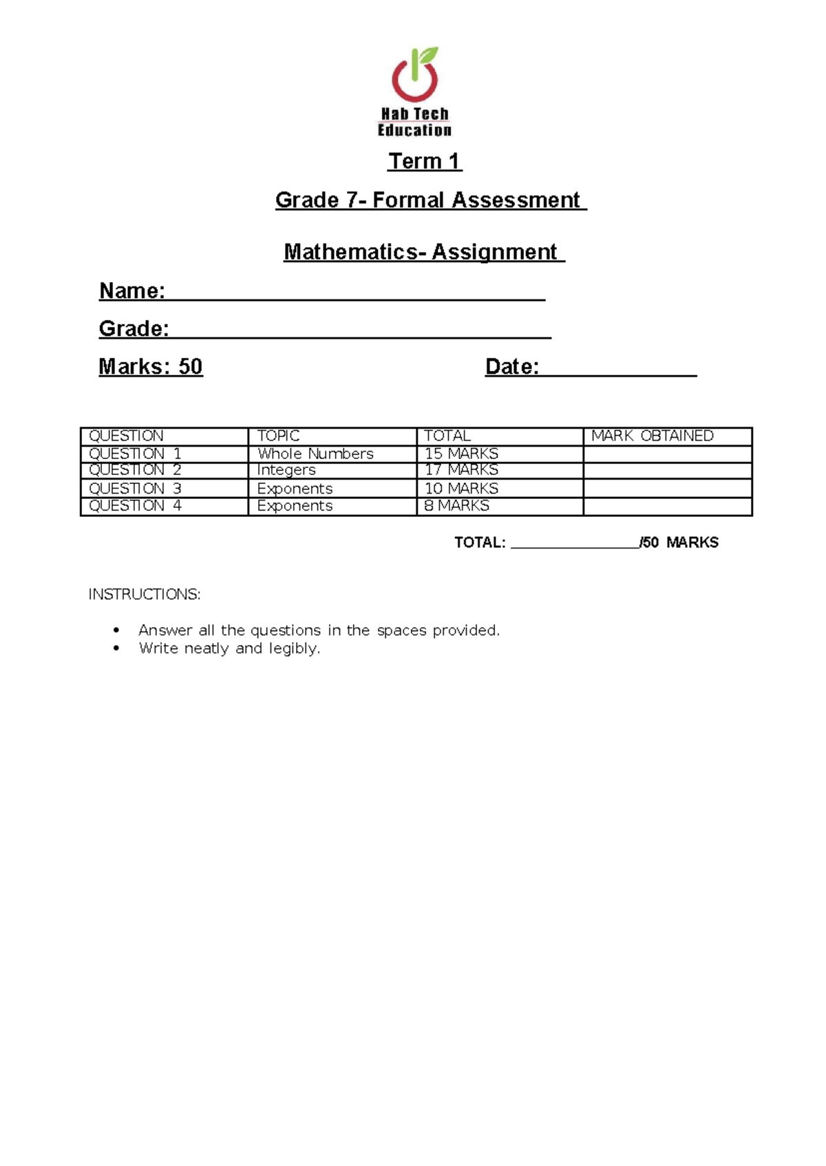Grade 7 Math Assignment - Term 1 Formal Assessment (Total: 50 Marks ...