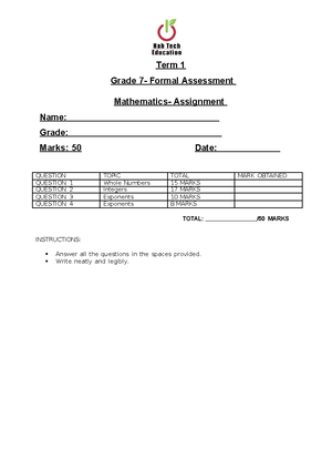 Grade 7 mathematics assignment memorandum - Term 1 Grade 7- Formal ...