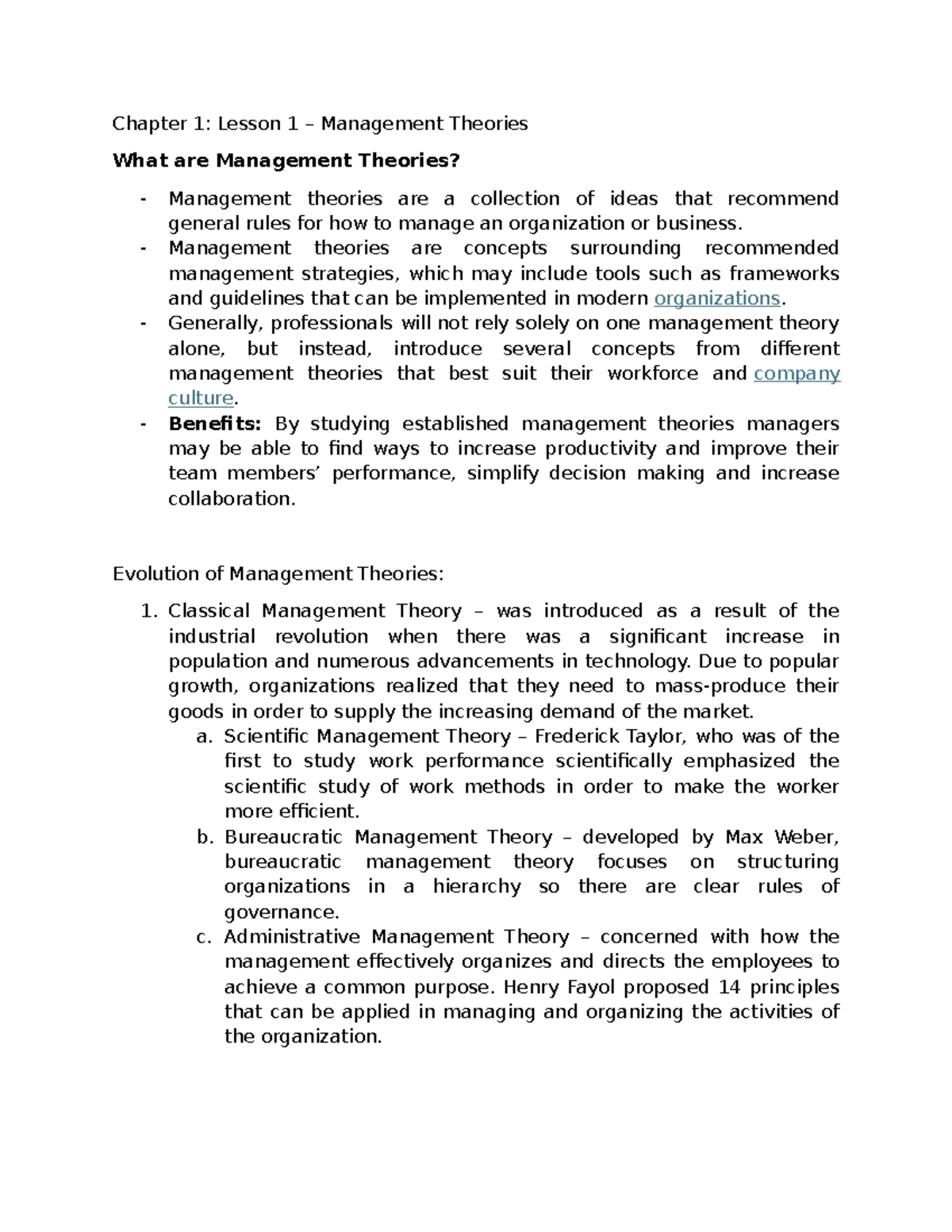 MANAGEMENT THEORIES: CH 1 - INTRODUCTION TO KEY CONCEPTS - Studocu