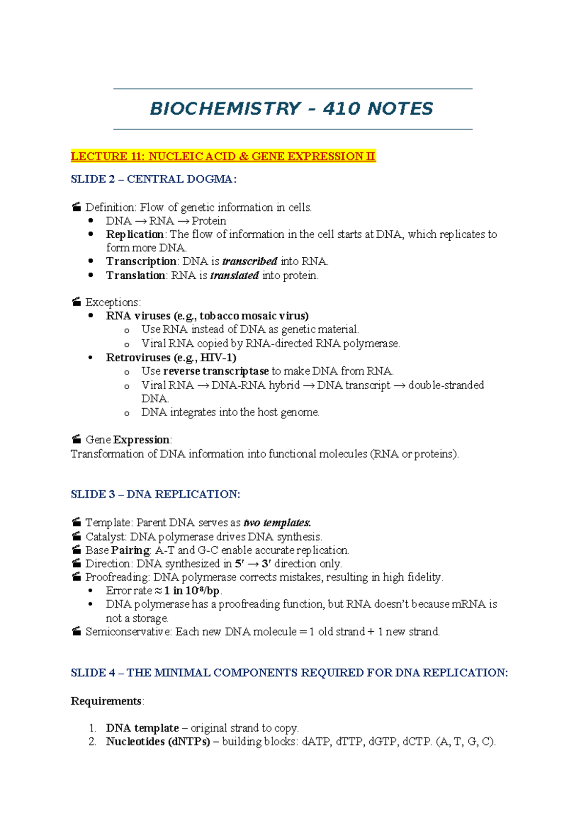 Biochemistry 410 Lecture 11: Nucleic Acids & Gene Expression II Notes ...