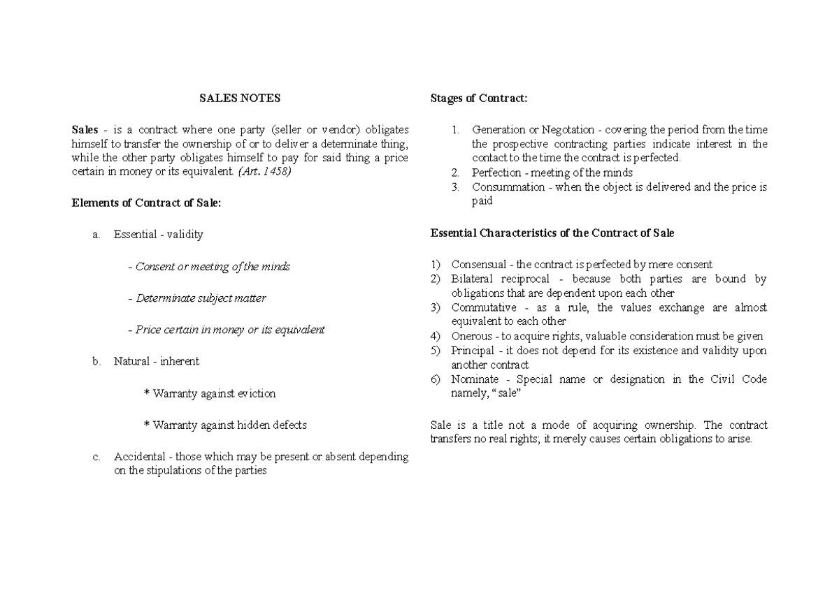 Sales Notes - SALES NOTES Sales - is a contract where one party (seller ...