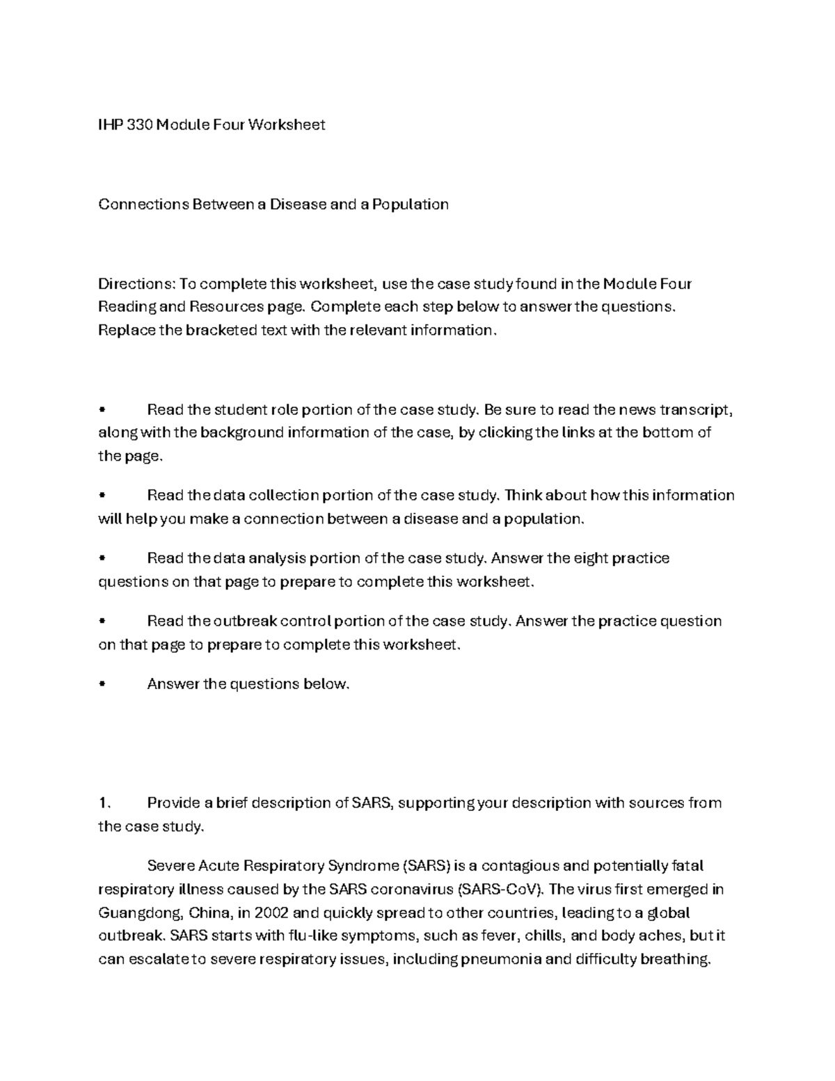 4-2 Worksheet Connections Between a Disease and a Population - IHP 330 ...
