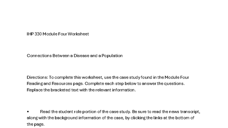 IHP 330 Module Four Worksheet: Disease-Population Connections Analysis ...