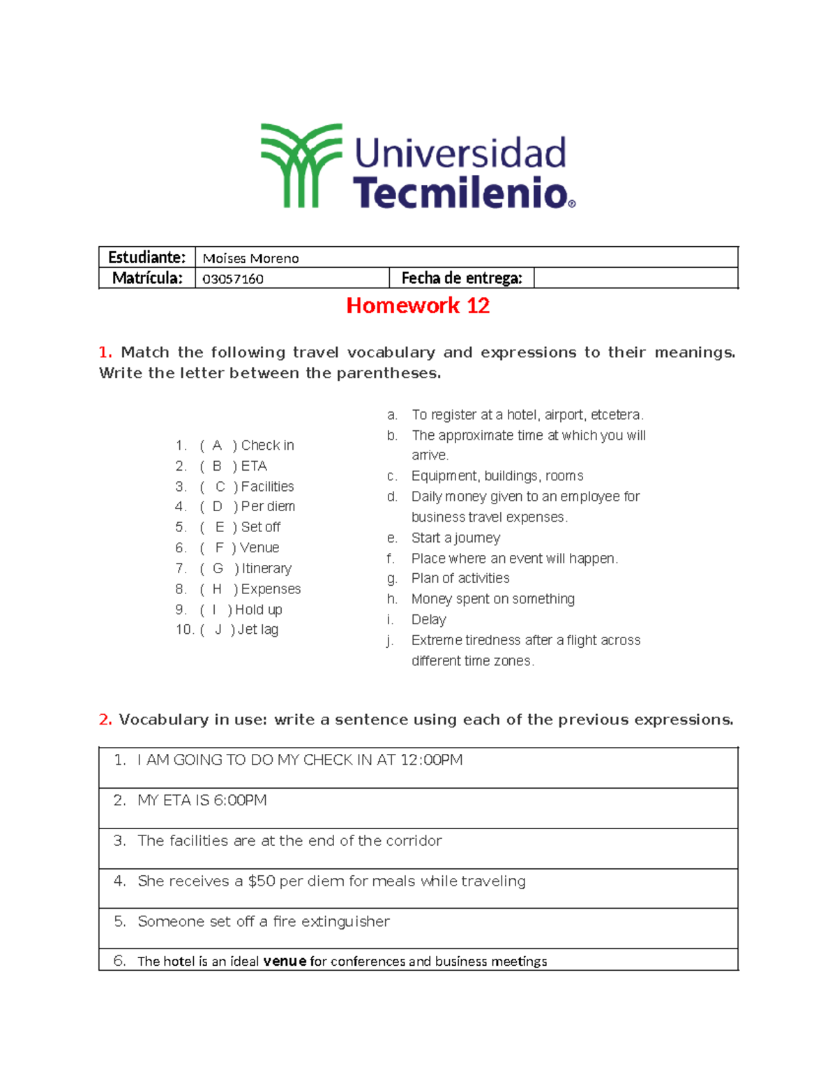 Homework 12: Travel Vocabulary Matching & Usage - Moises Moreno - Studocu