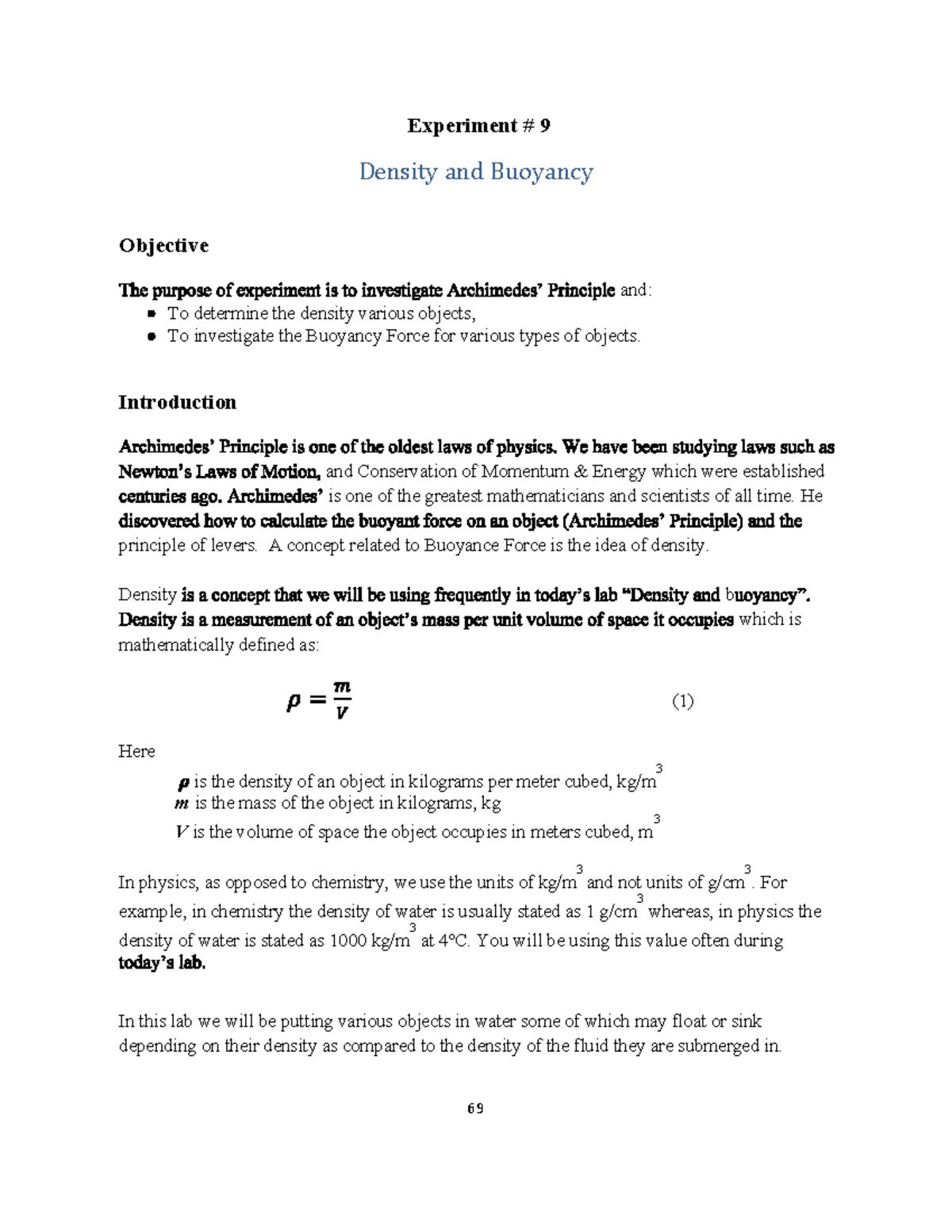 Experiment #9: Density and Buoyancy Lab - Studocu