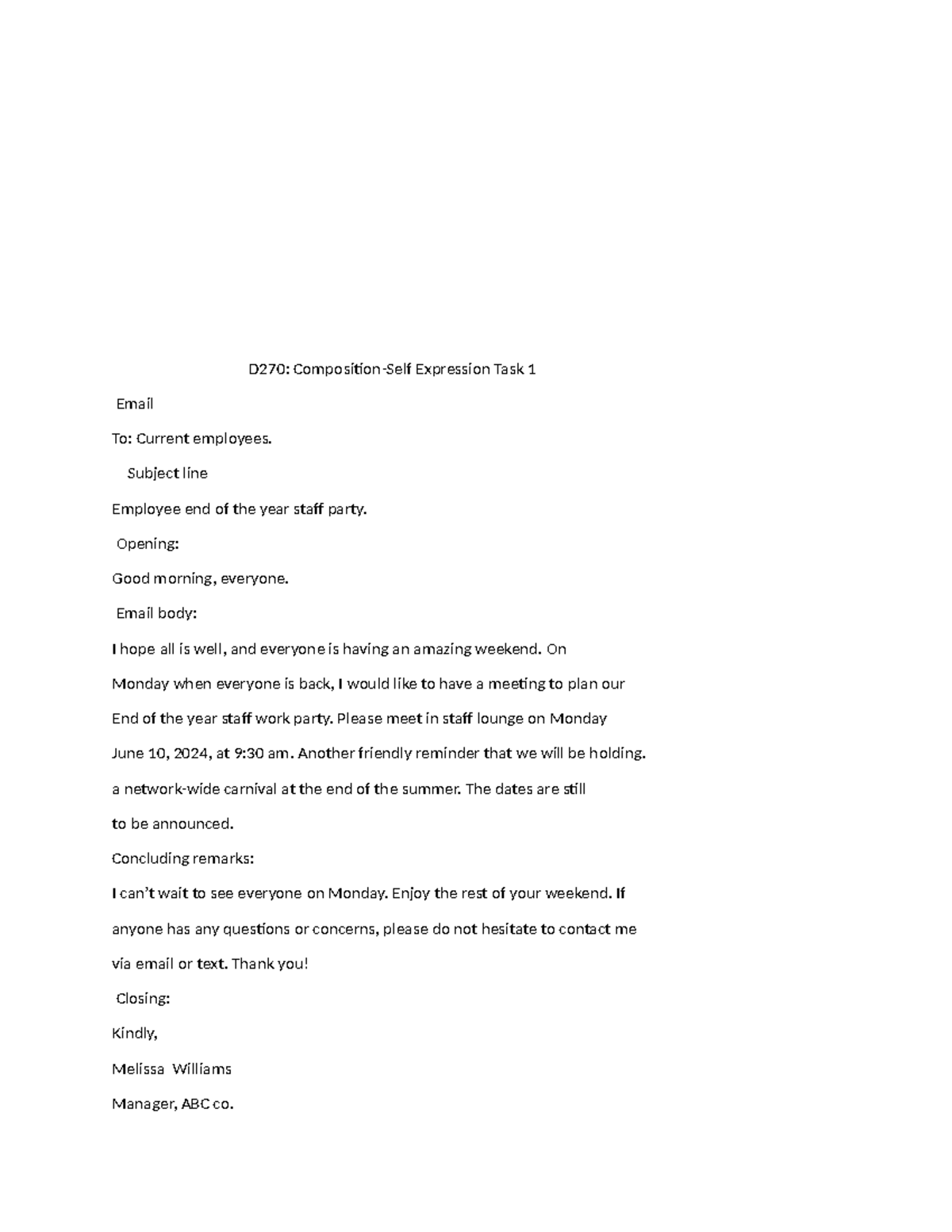 Composition Task 1 - D270: Composition-Self Expression Task 1 Email To ...