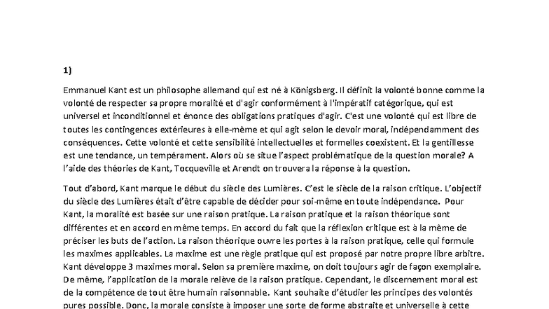 PHI101: Kant, Tocqueville et Arendt sur la Morale et la Liberté - Studocu