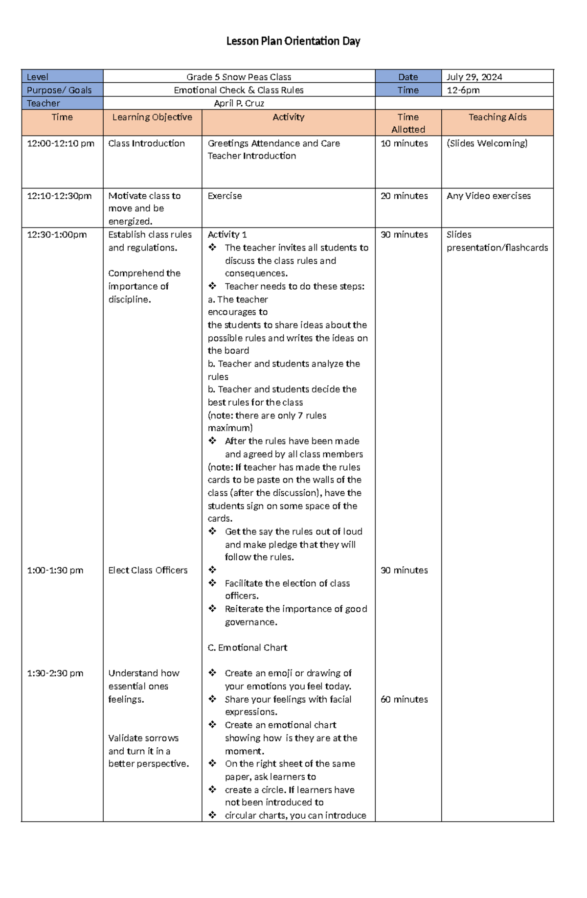 Grade 5 Lesson Plan: Orientation Day Activities & Goals - Studocu