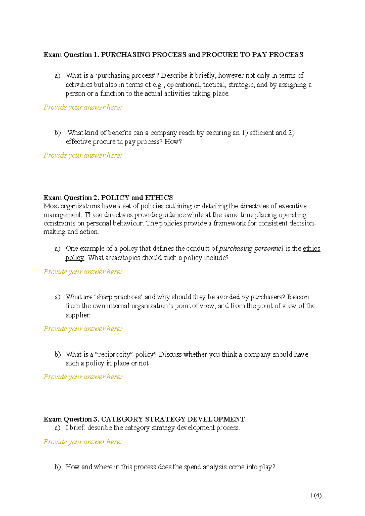 Exam Questions and Case Study Analysis: Purchasing Process (Course Code ...