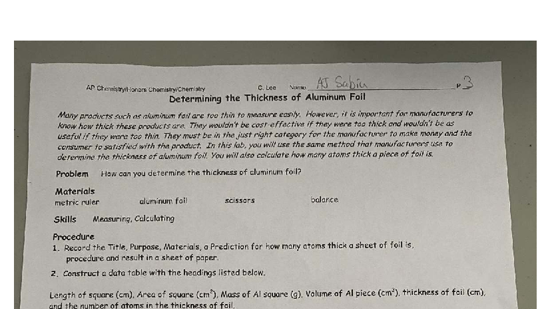 AP C. Lab: Measuring Aluminum Foil Thickness and Atom Count - Studocu