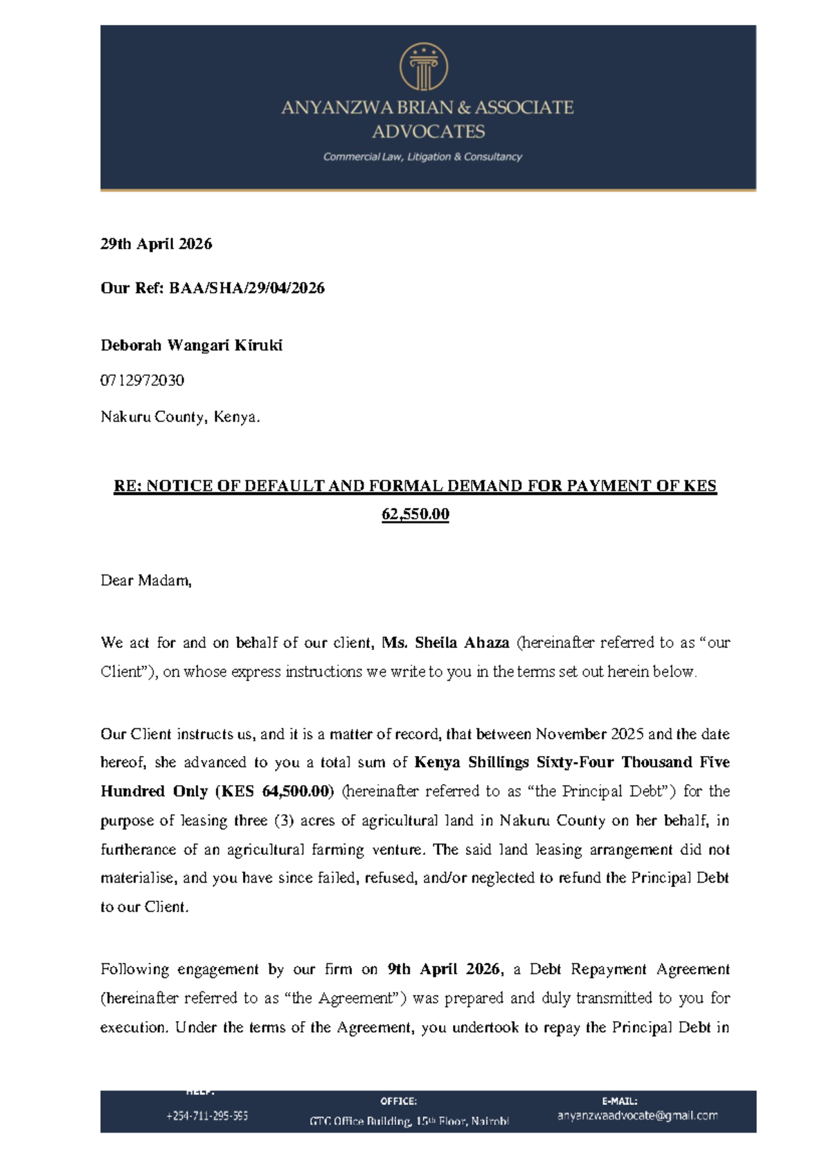 Demand Letter Draft: Notice of Default for KES 62,550.00 Payment - Studocu