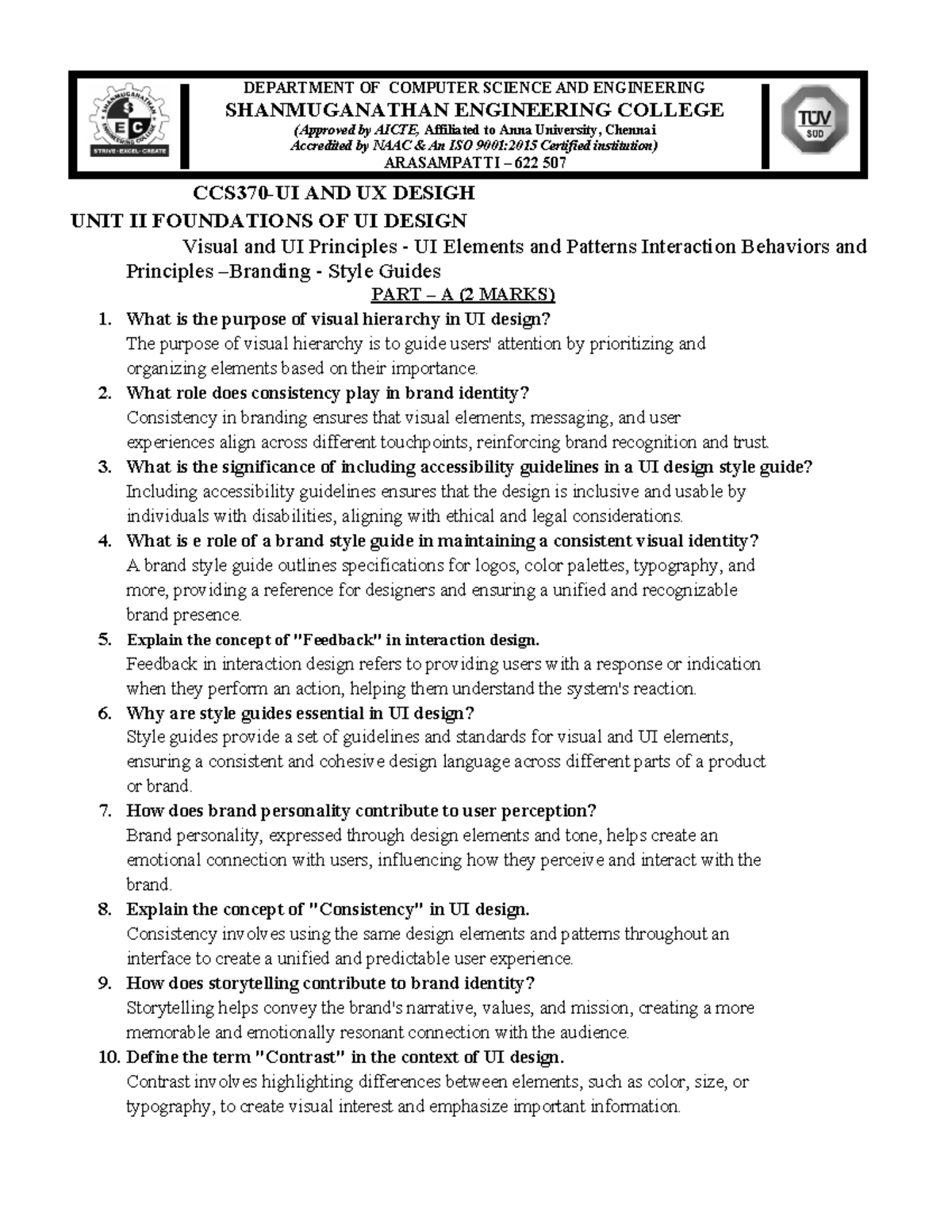 CSE 202 - Unit II Question Bank: Foundations of UI Design - Studocu