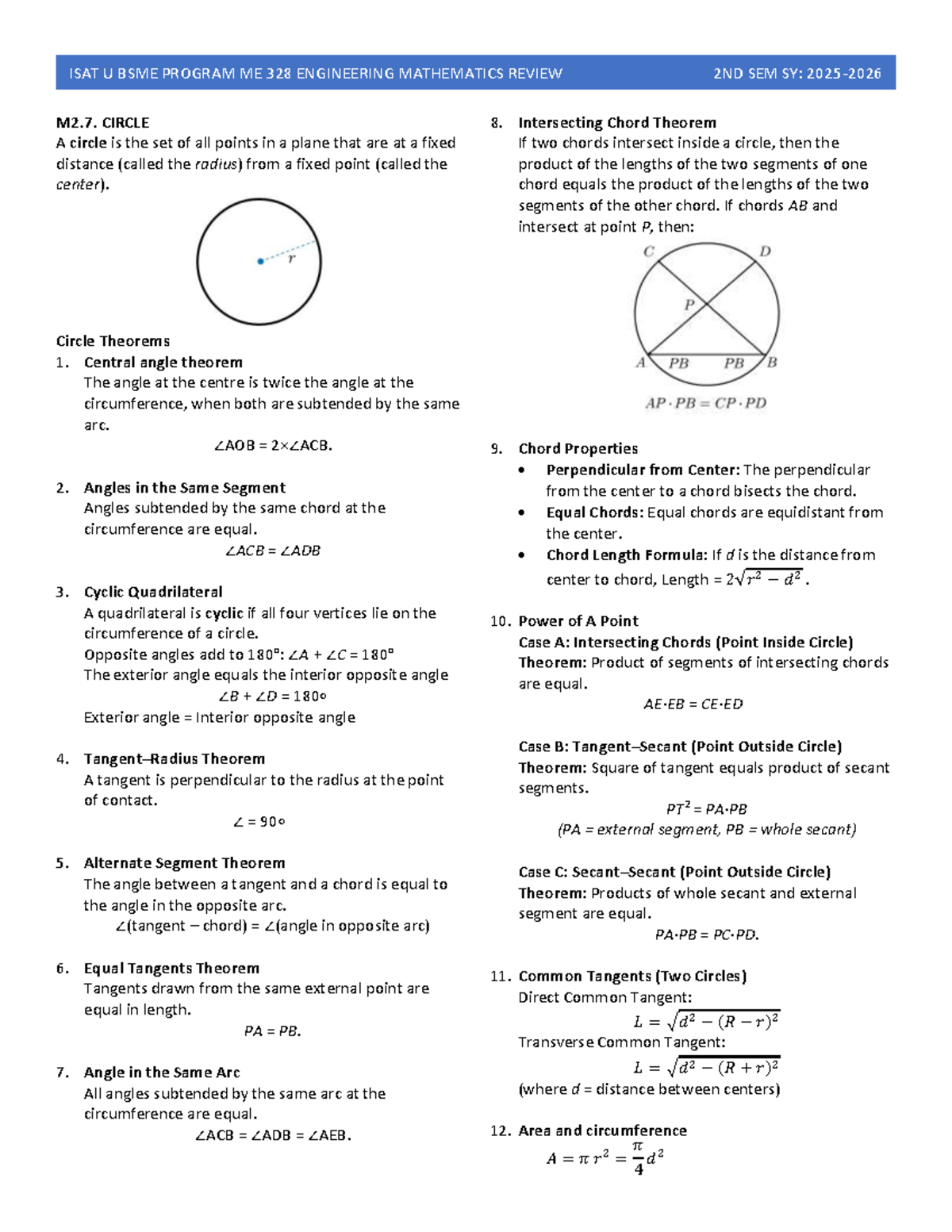 ME 328 Engineering Mathematics Review - Circle Theorems - Studocu