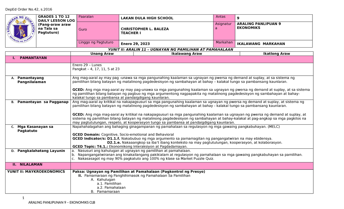 GCED- Grade-9 - GCED - DepEd Order No, s. GRADES 1 TO 12 DAILY LESSON ...