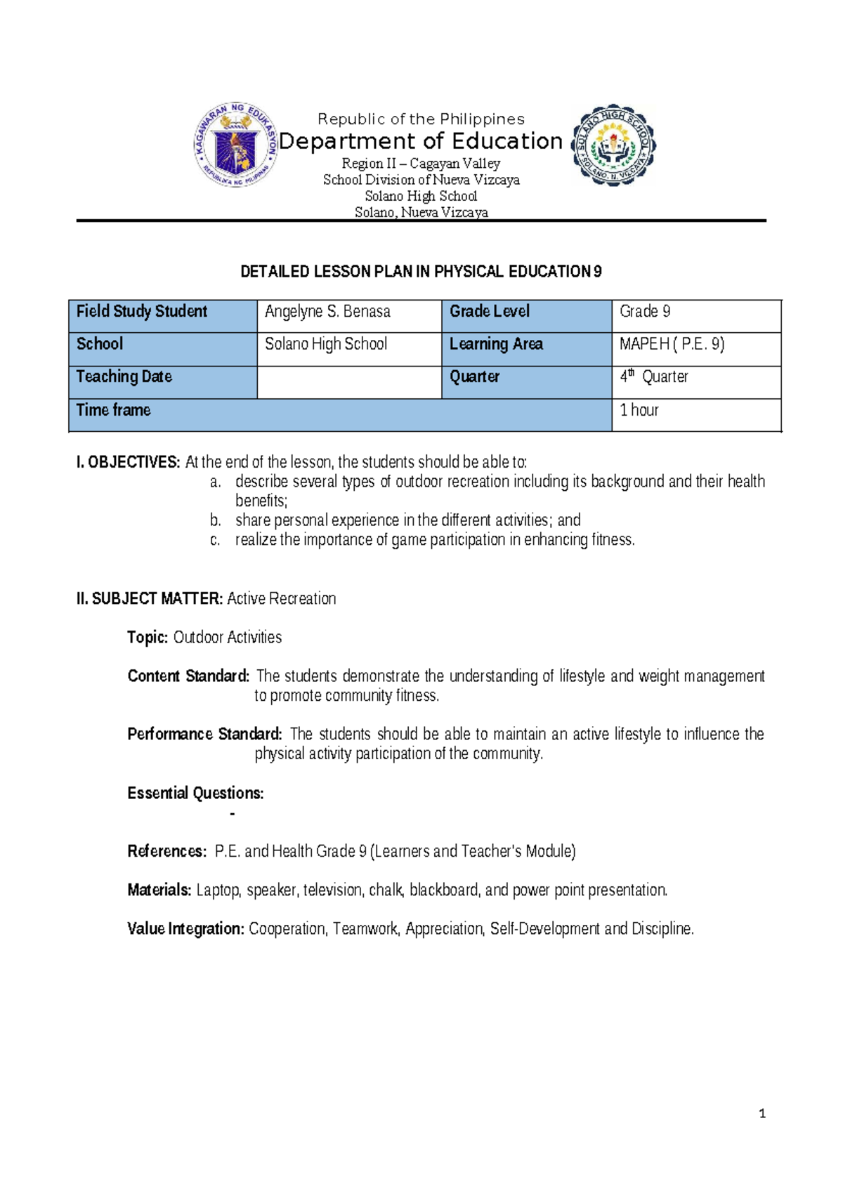 Detailed Lesson Plan in P.E. 9: Outdoor Recreational Activities - Studocu